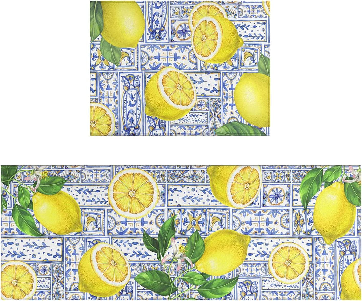 Lemon Kitchen Mat Set of 2 Piece Non Slip Rubber Backing Washable ...