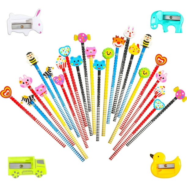 24 Pieces Cartoon Striped Pencils with Animal Eraser Colored Children's ...