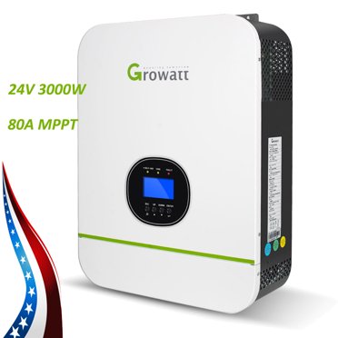 Growatt 24V 3000W 120V/240V Split Phase Solar Inverter Built-in 80A MPPT Solar Charge Controller ...