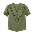 Cilsoka Women's Ruffle Trim Button Down Shirts Summer V Neck Puff ...
