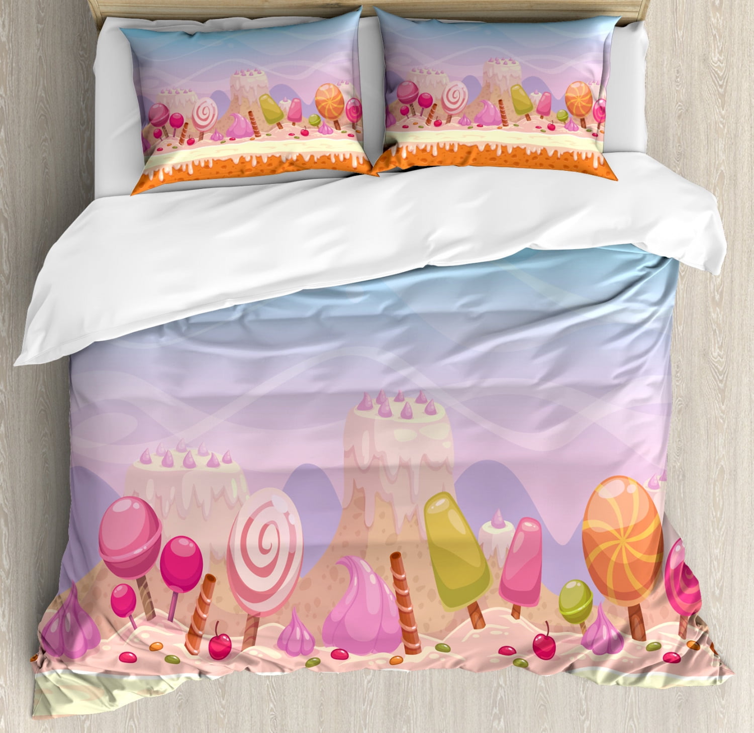 Dessert Queen Size Duvet Cover Set, Fantasy Candy Road of Popsicles ...