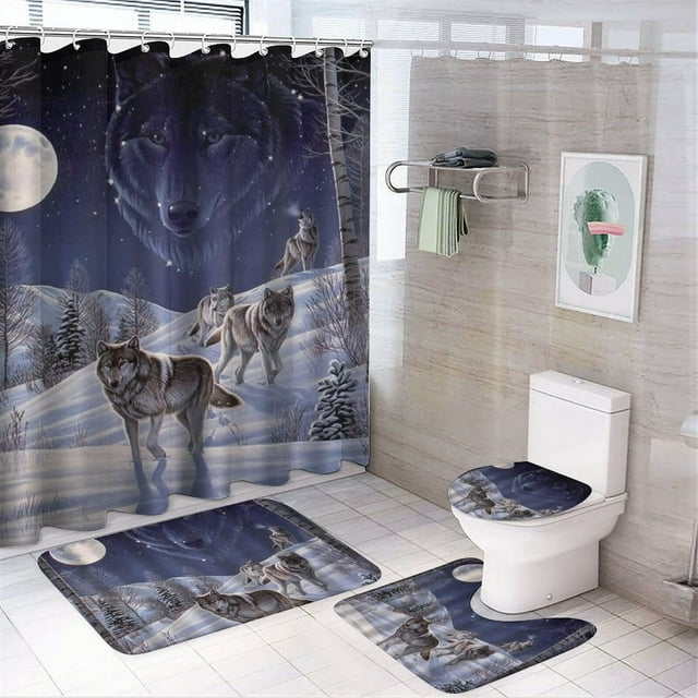 4 Piece Wolves Shower Curtains Sets with Non-Slip Rugs, Toilet Lid ...