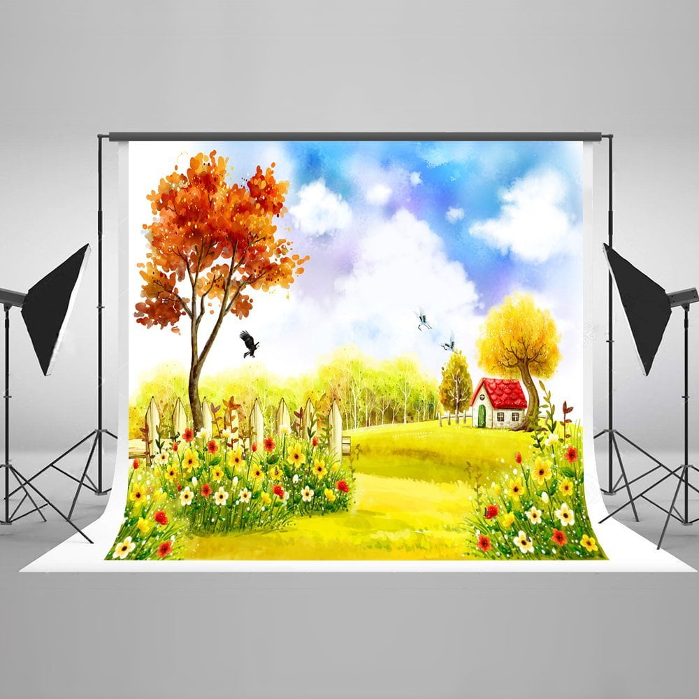MOHome 7x5ft Oil Painting Rural Gold Flower Blue Sky Cartoon Style ...