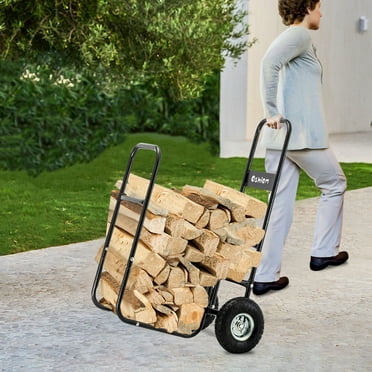 Firewood Log Cart Carrier - Outdoor or Indoor Black Steel Wood Rack ...