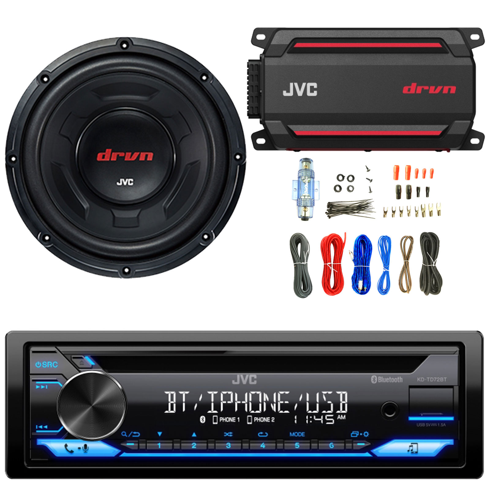 JVC KD-TD72BT Single DIN Bluetooth USB AUX AM/FM Radio CD Player Receiver Bundle Combo with 12 ...