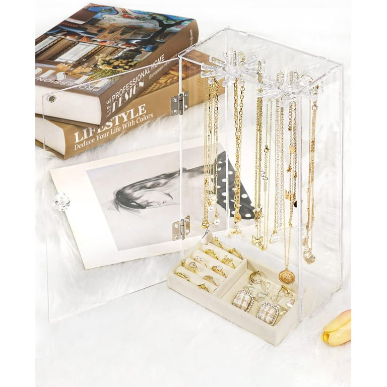 Acrylic Necklace Holder Necklace Organizer Rotatable Clear Jewelry Organizer Display Case for Long Necklaces Pendant Bracelets Jewelry Holder with