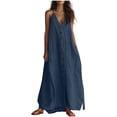 BiZtdJrK Navy Women's Spaghetti Straps Maxi Dress Cotton Linen V Neck ...