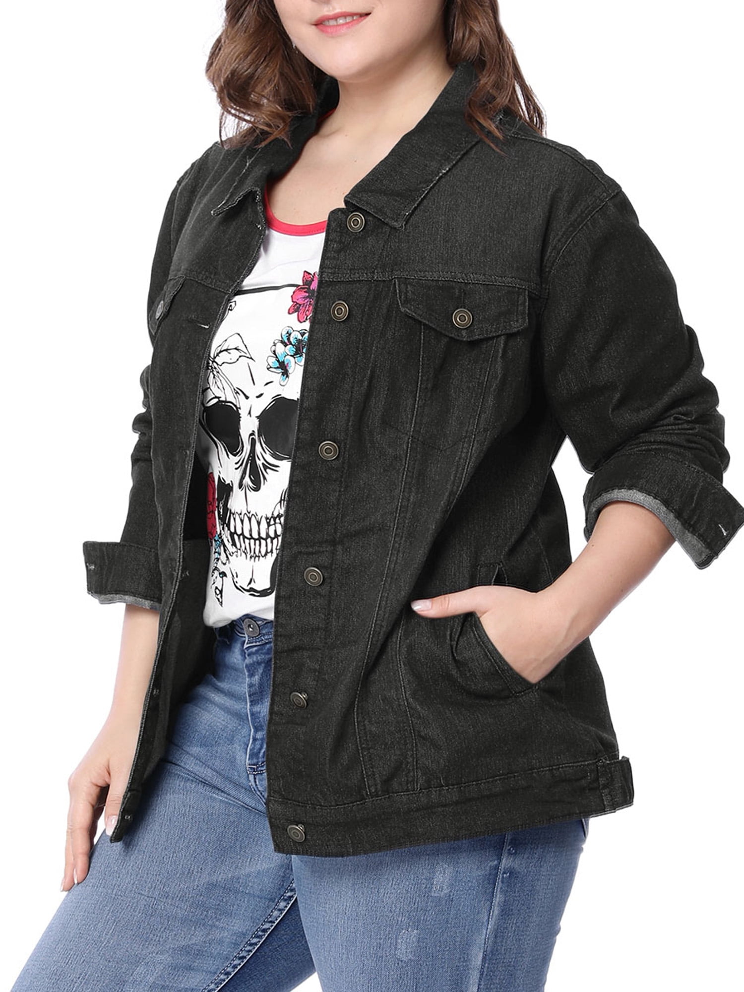 Unique Bargains - Agnes Orinda Womens Plus Jean Jacket Washed Denim ...