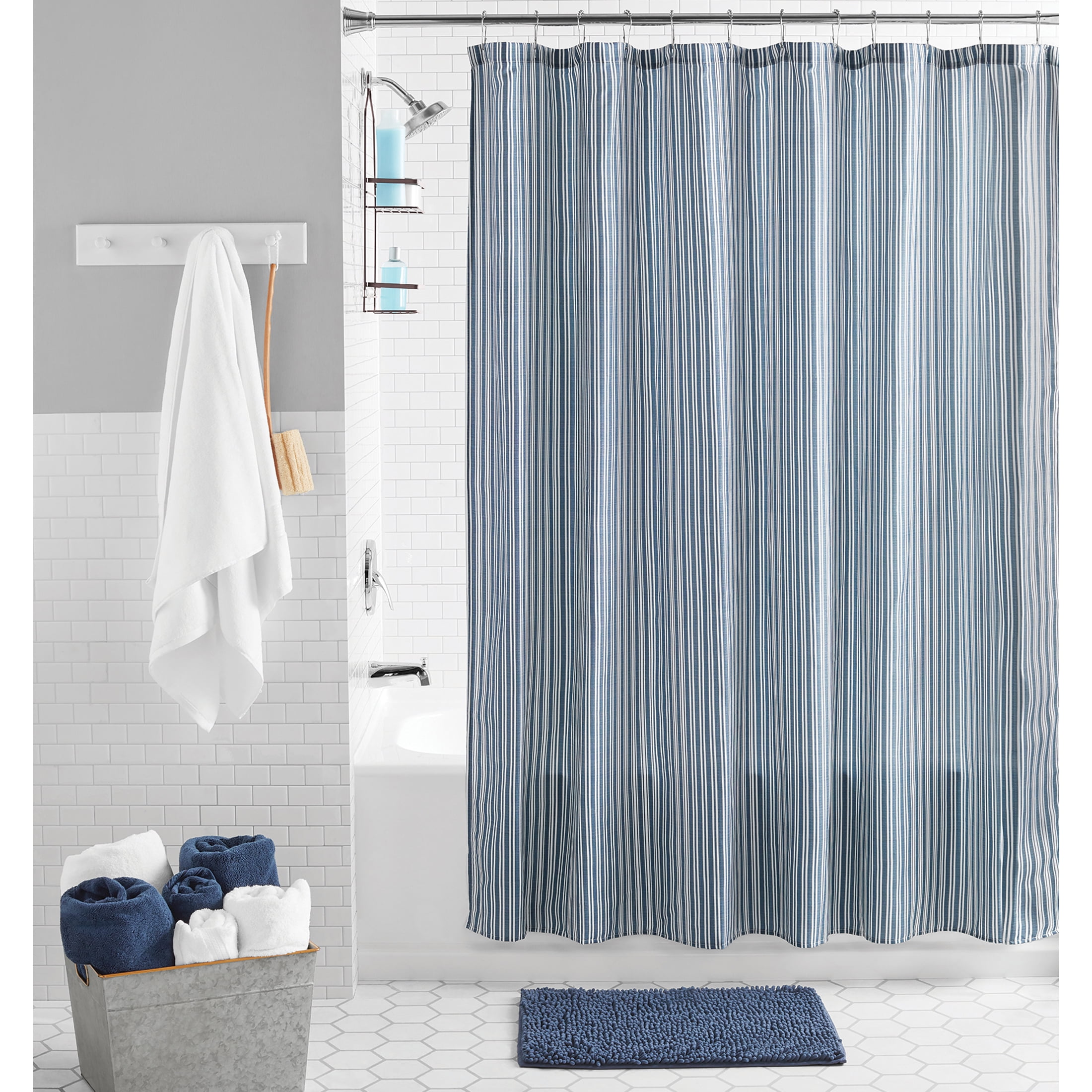 Mainstays Ticking Washed Indigo Stripe Polyester Bath Set, 15-Piece ...