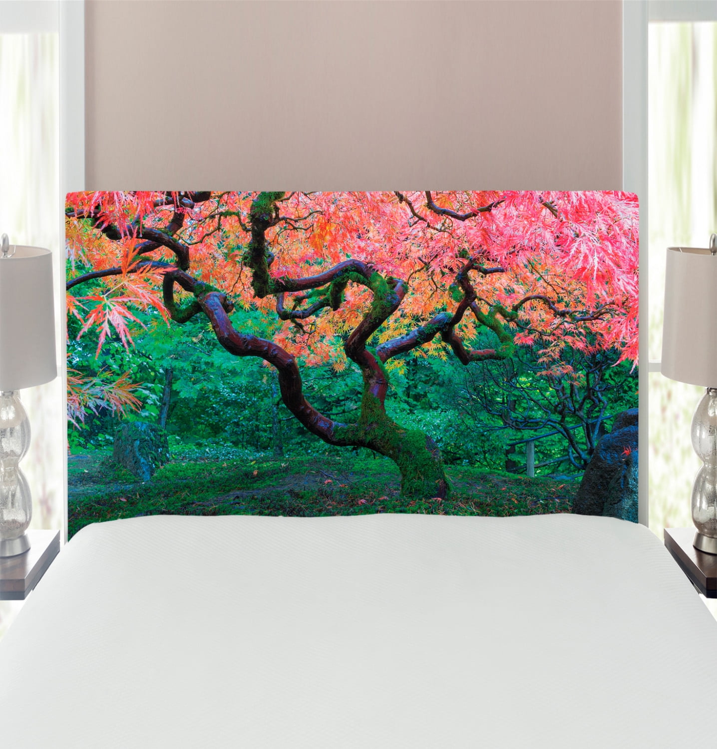 Japanese Headboard, Aged Red Leaf Maple Moss Garden Scenery in Autumn ...
