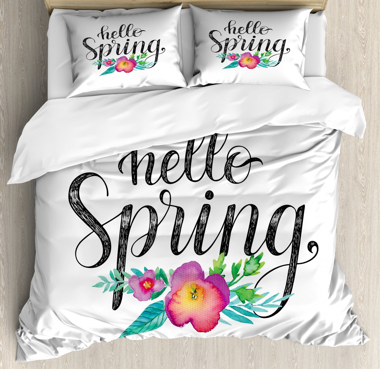 Hello Queen Size Duvet Cover Set, Hand Lettering Phrase of Hello Spring ...