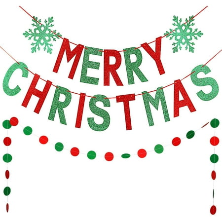 HTOOQ Merry Christmas Banner Red & Green Glitter and Red & Green Circle ...