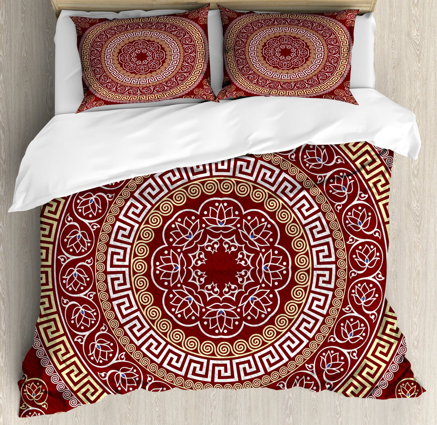 Greek Key Queen Size Duvet Cover Set, Round and Square Ornament Meander ...