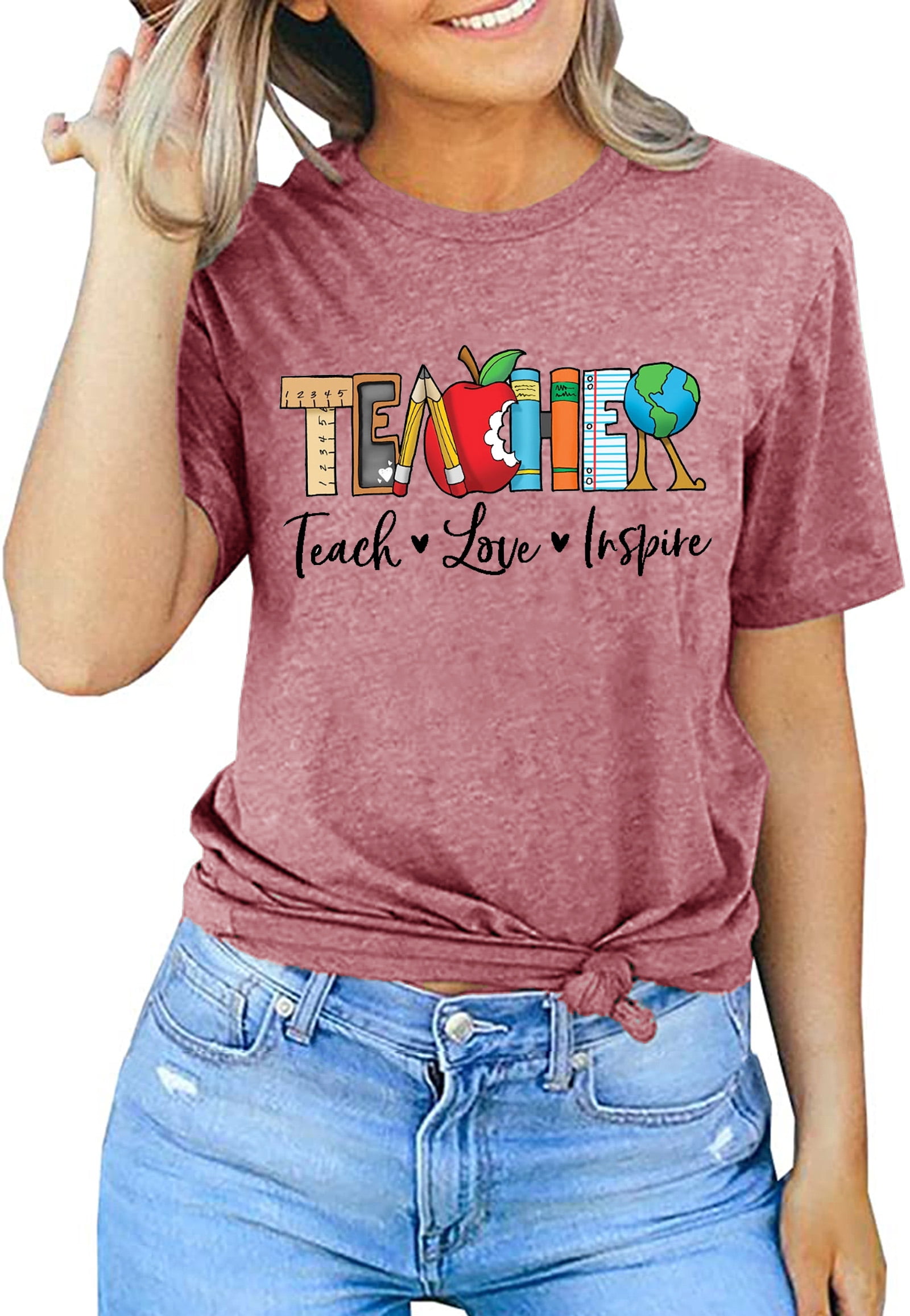 Teach T Shirt for Women Teacher Graphic Tees Tops Teach Inspire Letter ...