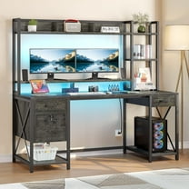 Uforic L Shaped Computer Desk with Power Outlet&LED Lights&File Drawer ...