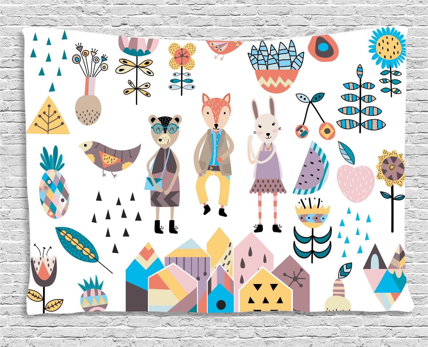 Cartoon Tapestry, Hand Drawn Fox Bunny and Bear with Human Clothing ...