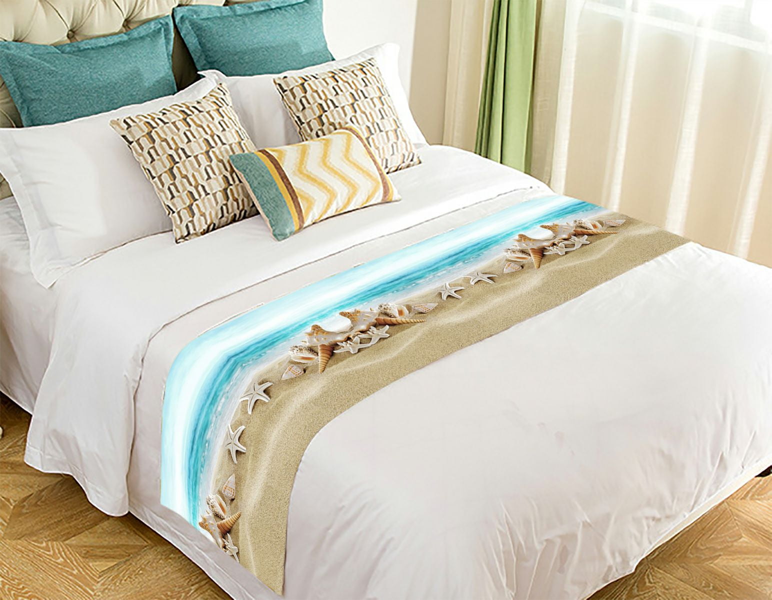 GCKG Seashell Starfish Soft Sand Blue Sea Bed Runner Bedding Scarf Size ...