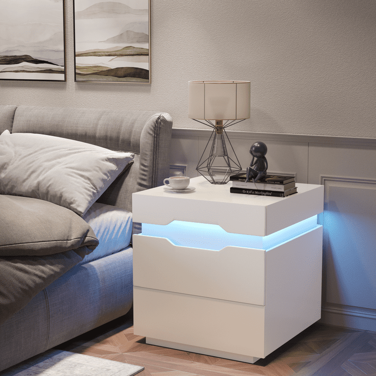 Homall LED Nightstand 2 Drawers Bedside End Tale with Remote and Charging Ports White
