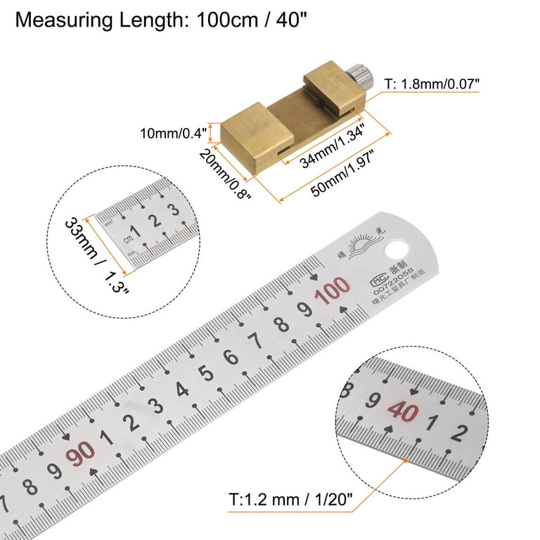 Uxcell Stainless Steel Ruler with Scriber Block 40 Metric Inch Ruler with 34mm Locating Vernier Slider Gold Tone