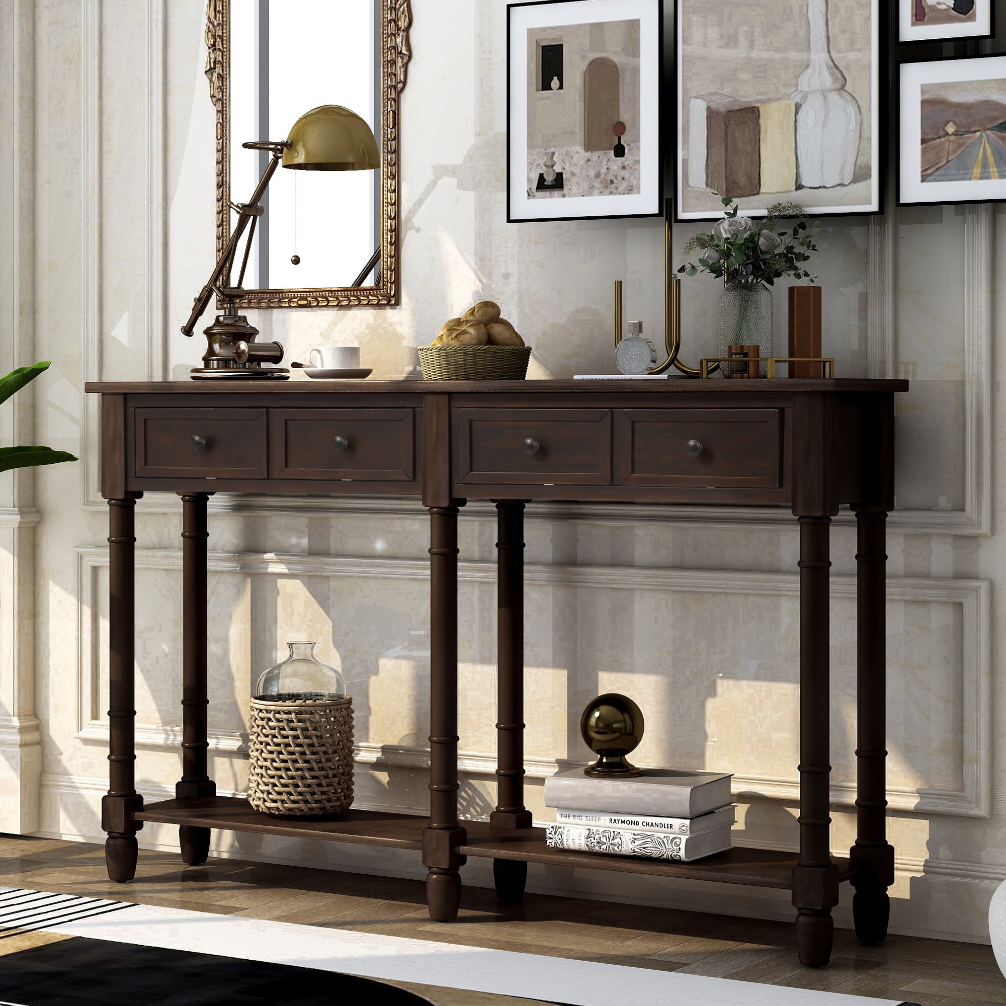 58in Long Accent Entry Console Table with Drawers & Bottom Open Shelf ...