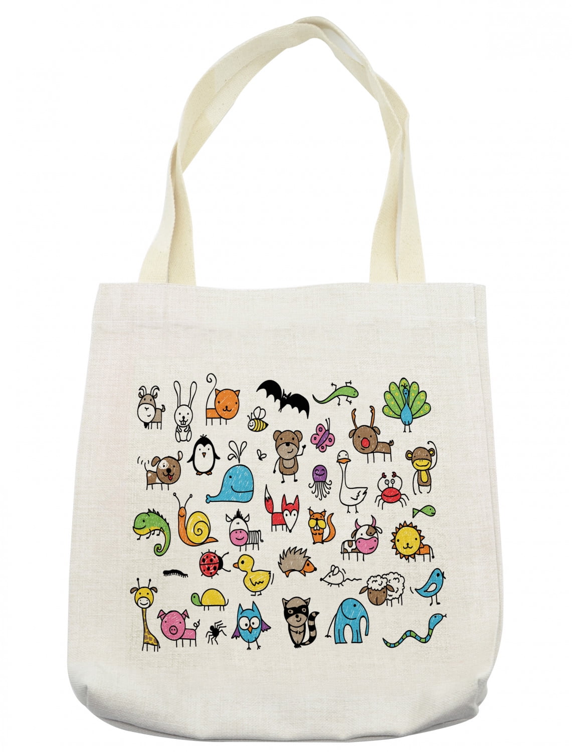 Doodle Tote Bag, Arrangement Cartoon Style Animals Drawn in Child ...