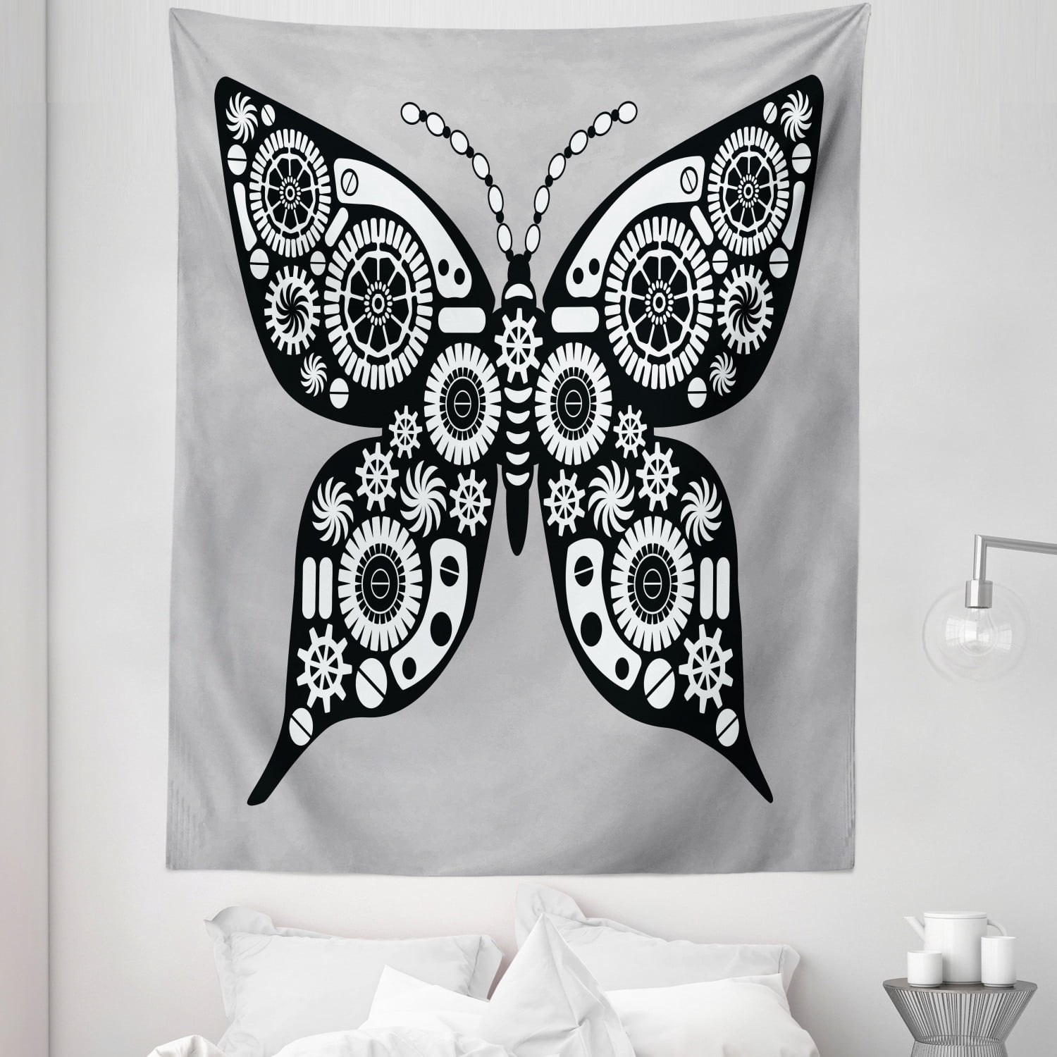 Steampunk Tapestry, Silhouette Butterfly Design with Mechanism Cogs and ...