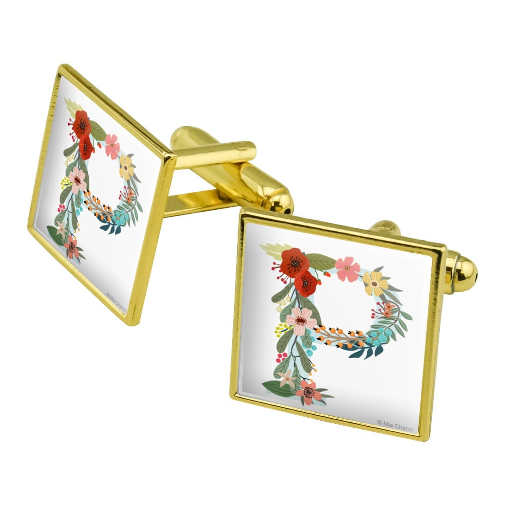 Letter P Floral Monogram Initial Square Cufflink Set - Silver or Gold ...
