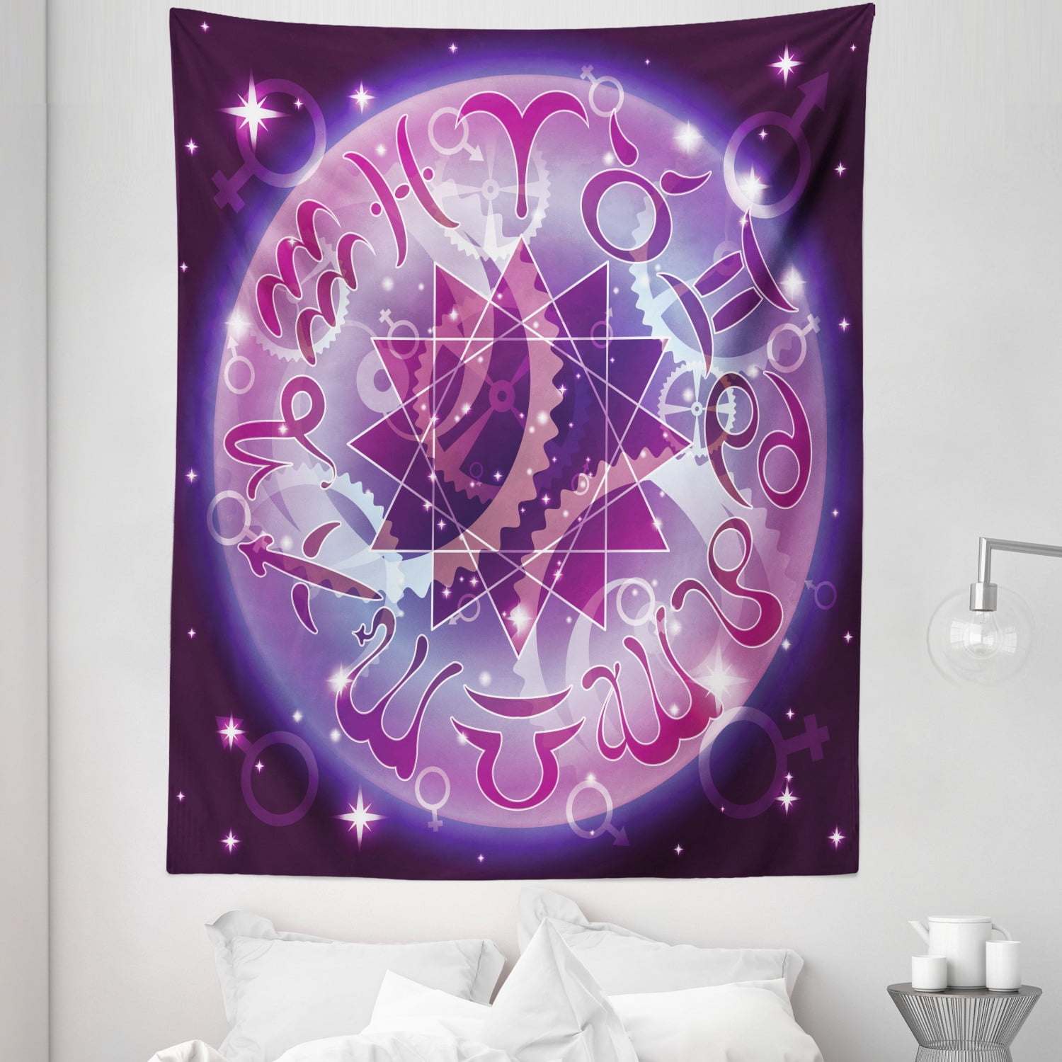 Astrology Tapestry, Zodiac Circle in Space with Abstract Gender Signs ...