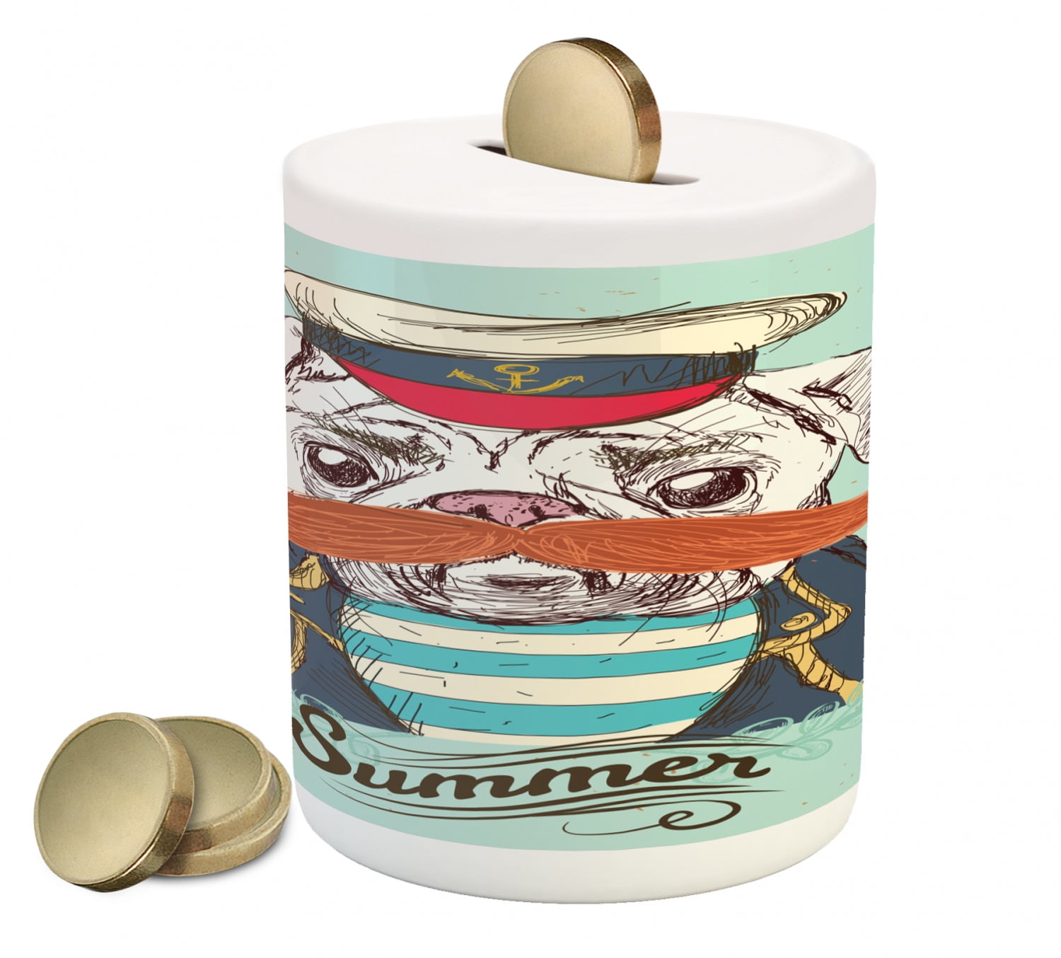 Pug Piggy Bank, Captain Dog with Hat Mustache Jacket and Shirt Animal ...