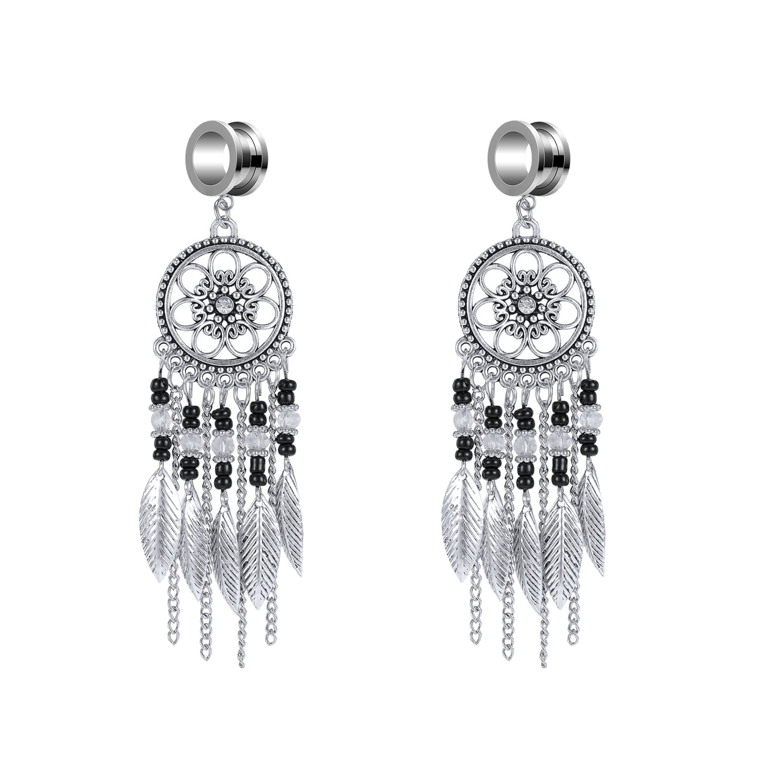 ZS 2 Pcs Vintage Hollow Ear Plug Tunnel Leaves Tassel Dangle Ear Gauges ...