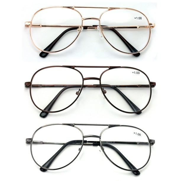 3 Pairs Metal Aviator Reading Glasses Spring Hinge Tear Drop Clear