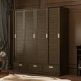 Timechee Brown Wood Grain Wardrobe with Drawers, Hanging Rod 4 Sliding ...