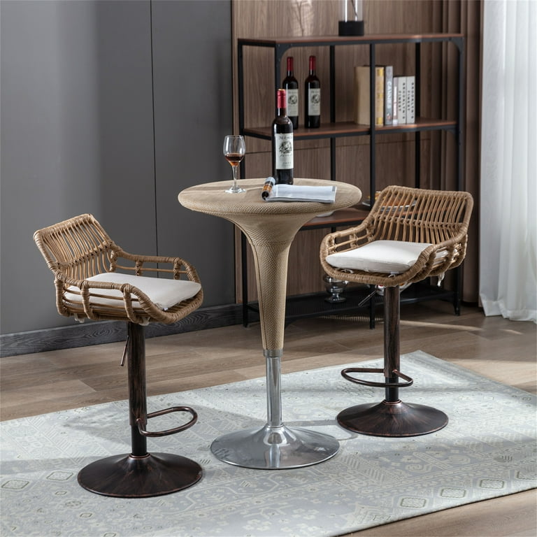 Swivel Bar Stools Set of 2 Adjustable Counter Height Rattan Bar Chairs with Footrest for Kitchen Dining Room Beige