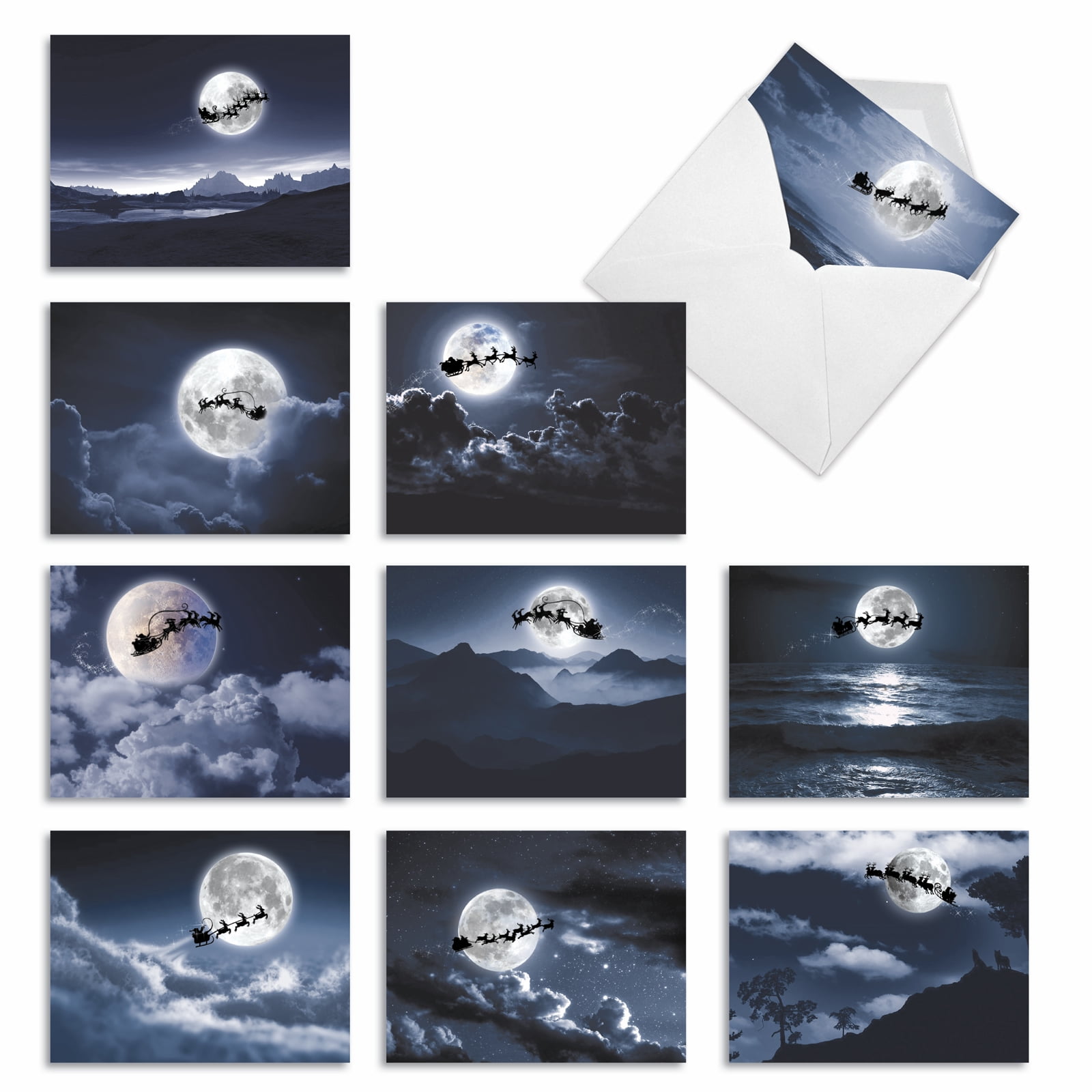 10 Merry Christmas Note Cards Pack (4 x 5.12 Inch) - SLEIGH MOON ...