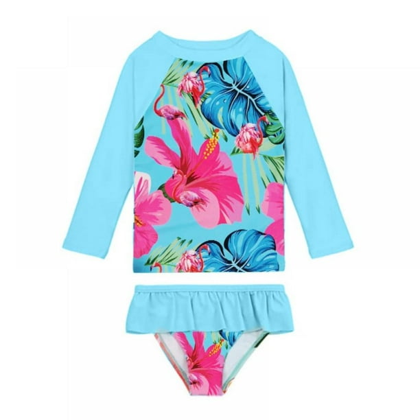 2-8Y Girls' Printed Long Sleeve Rashguard UPF 50+ Two Piece Swim Set ...