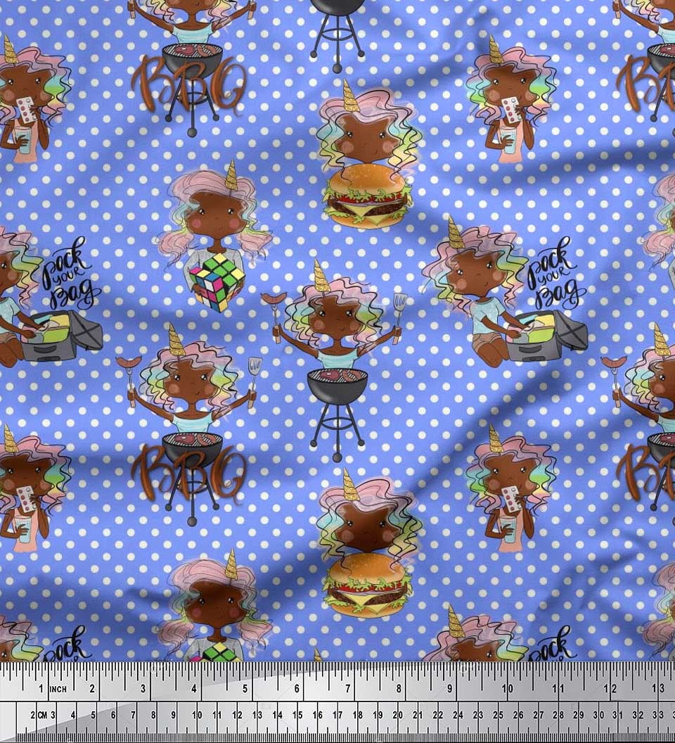 Soimoi Satin Silk Fabric Dot,Text & Unicorn Girl Cartoon Print Fabric ...