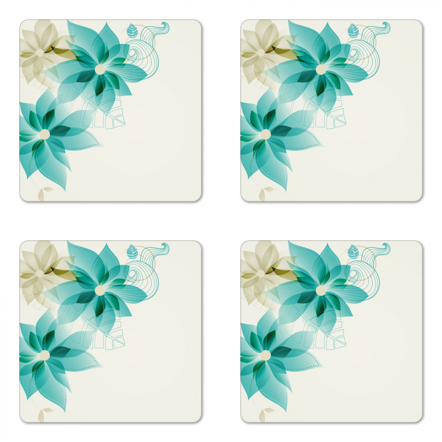 Teal Coaster Set of 4, Vintage Inspired Floral Design with Abstract ...