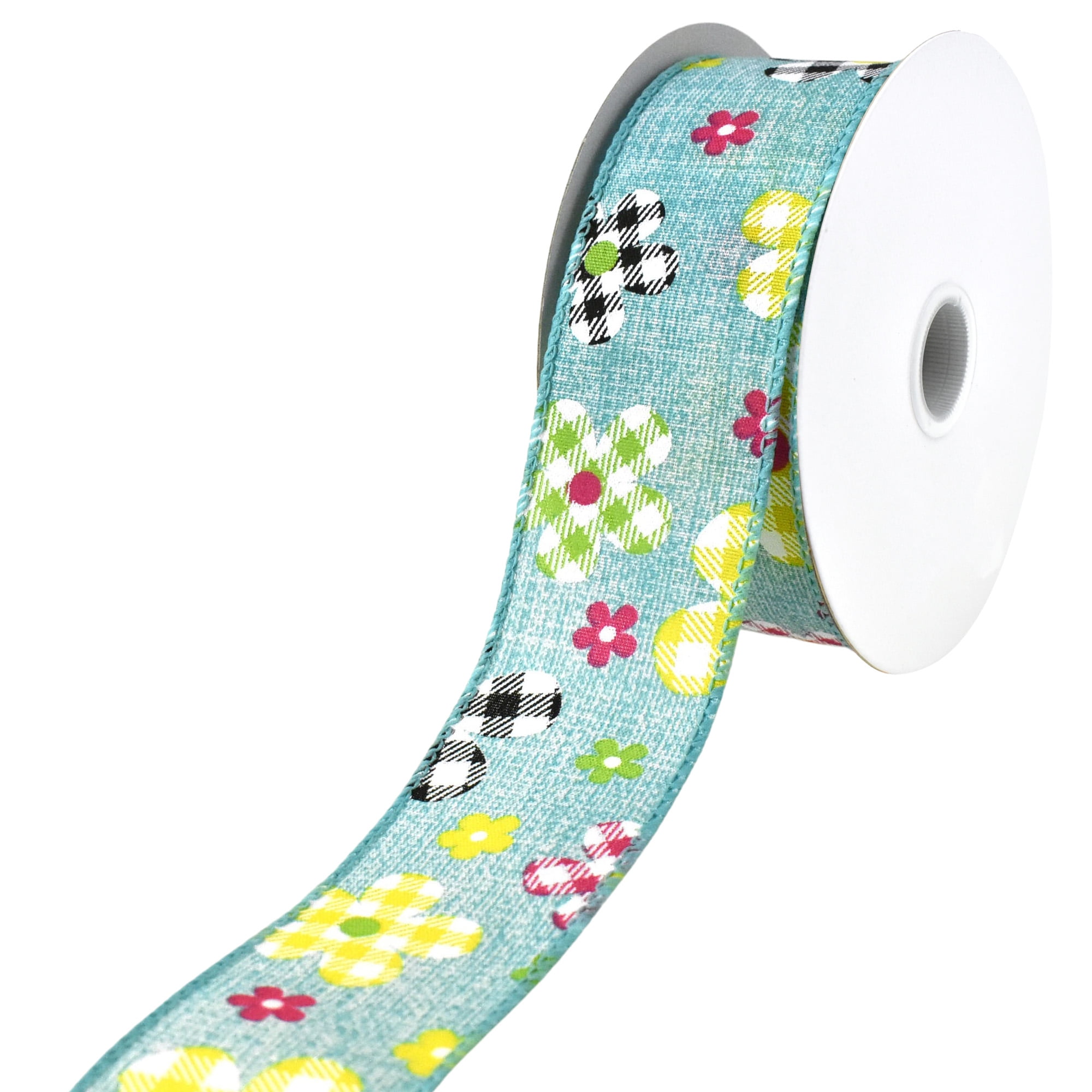 Plaid Patterned Spring Flowers Wired Ribbon, 1-1/2-inch, 10-yard, Teal ...