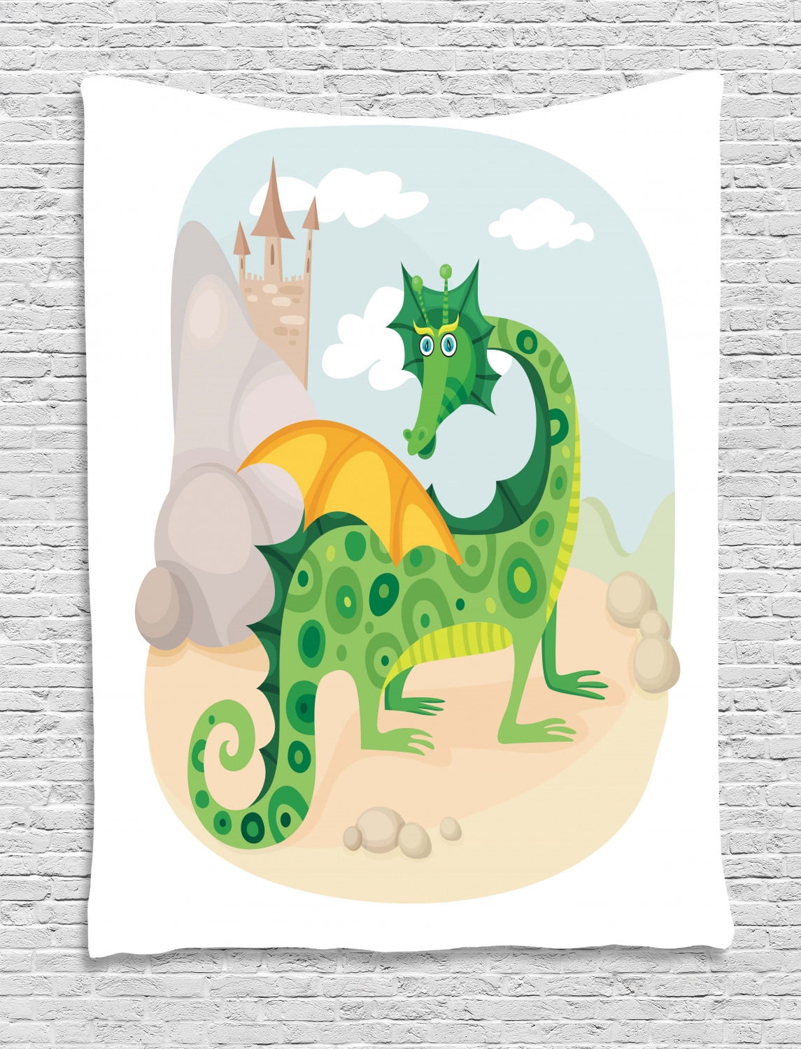 Fairy Tale Tapestry, Goofy Dragon with Spotted Skin and Yellow Wings ...