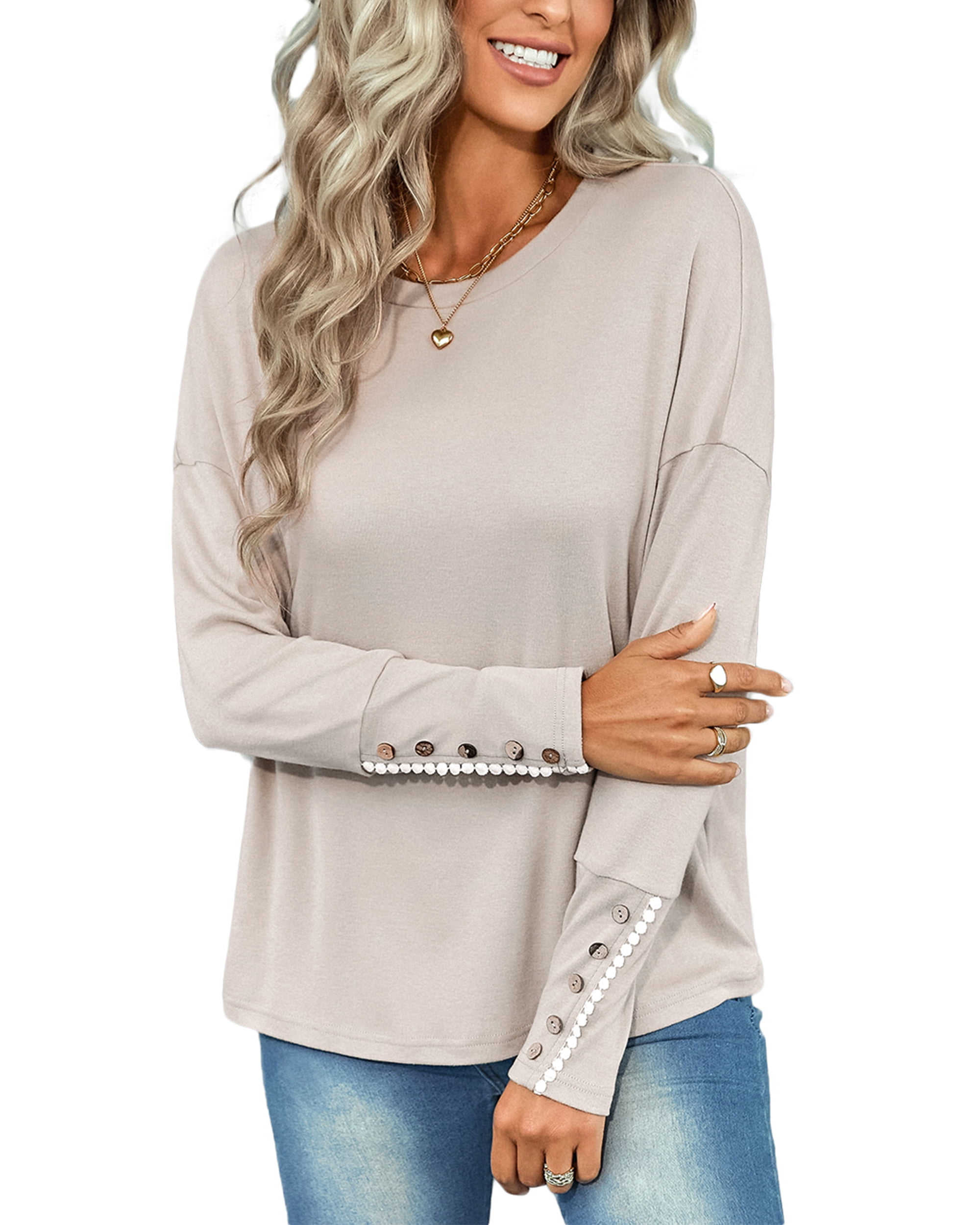 SHIBEVER Fashion Crew Neck Button T-Shirts for Women Casual Fall Cute ...