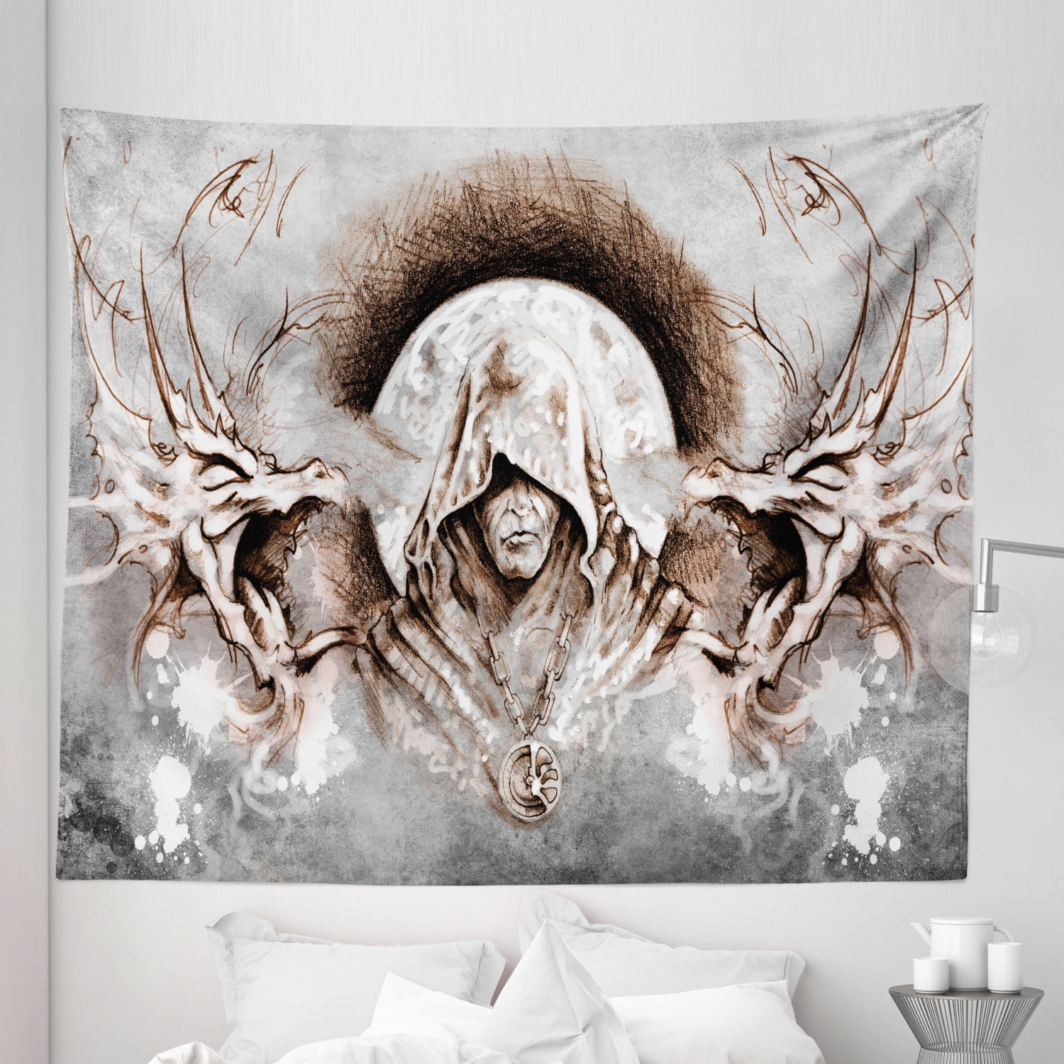 Dragon Tapestry, Monk Witch on Tree Branches Background Gothic Medieval ...
