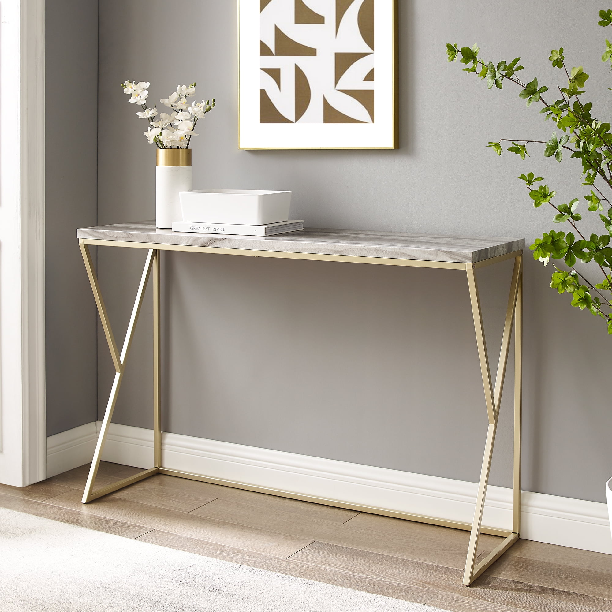 Manor Park Glam Modern Open Entryway Table, Faux Grey Vein Marble ...
