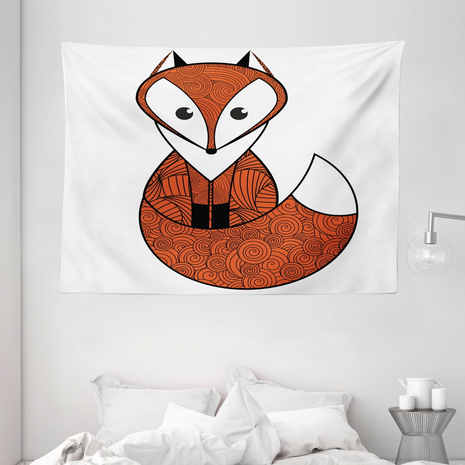 Fox Tapestry, Cartoon Young Fox Character with Spiral Patterns Cute ...