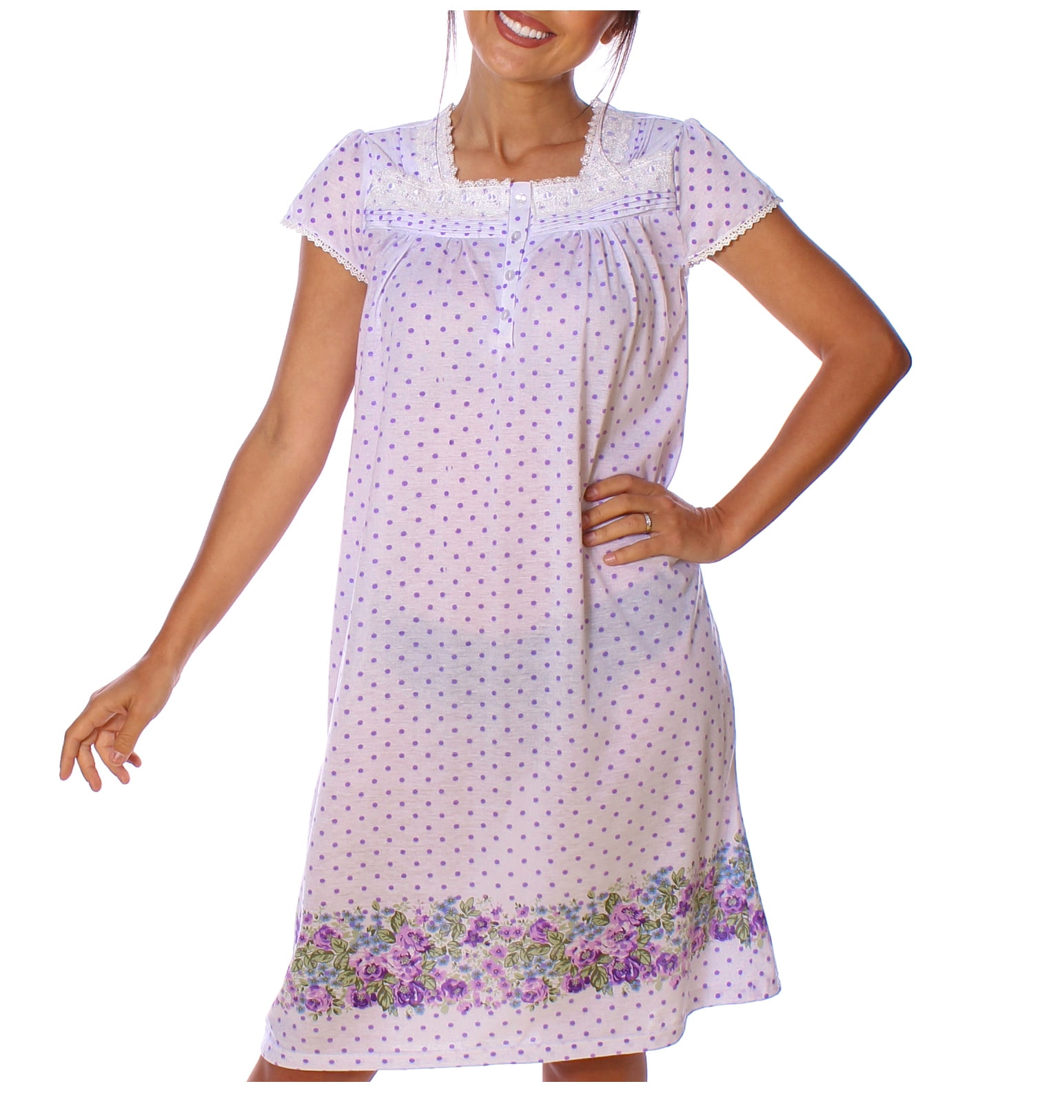 Women's Floral Polka Dot Cap Sleeves Embroidery Lace Nightgown ...