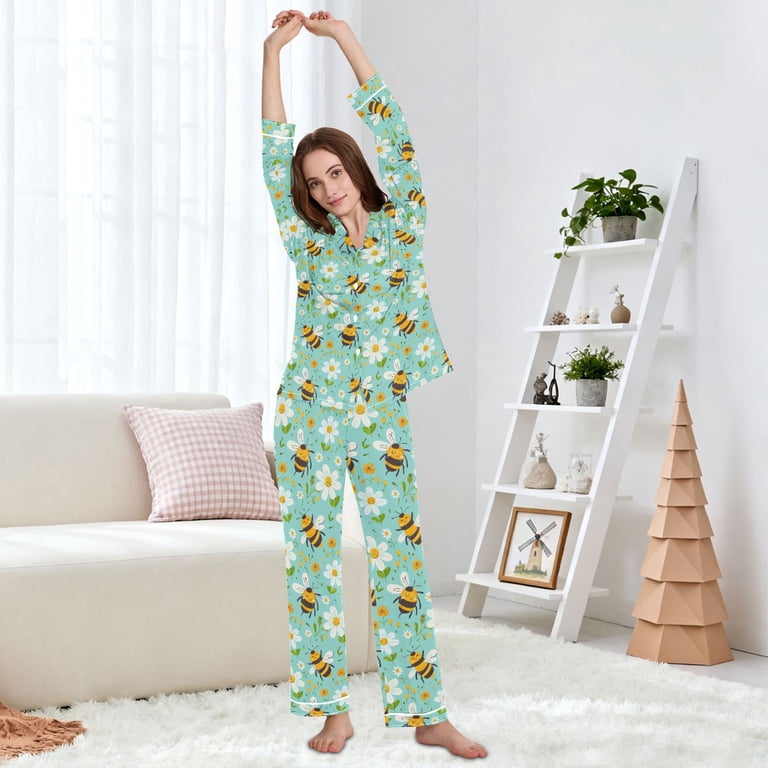 Bee and Flowers Pattern Women Pajama Set Soft Notch Collar Button Down ...