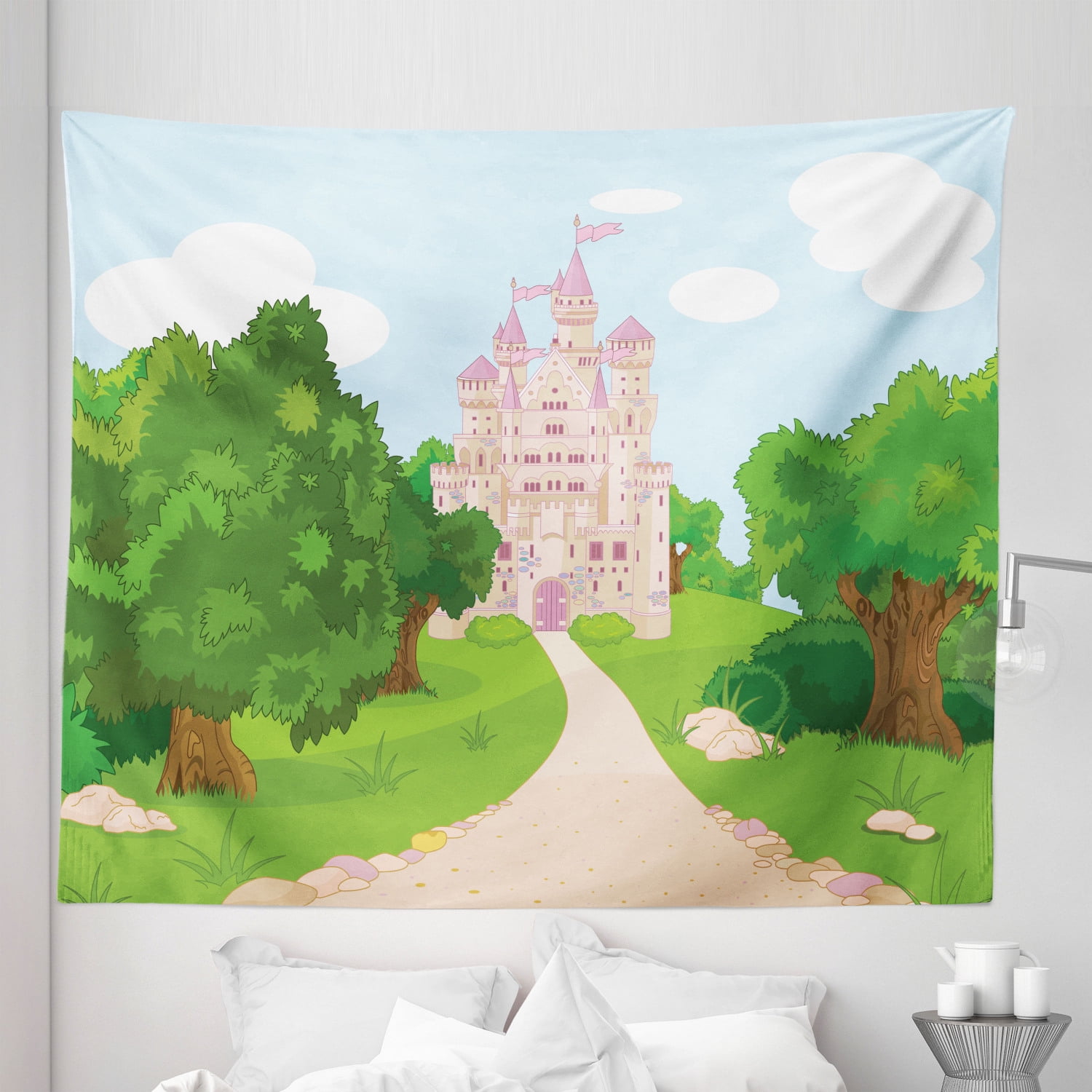 Cartoon Tapestry, Castle from Middle Ages with Pink Toned Flags and ...