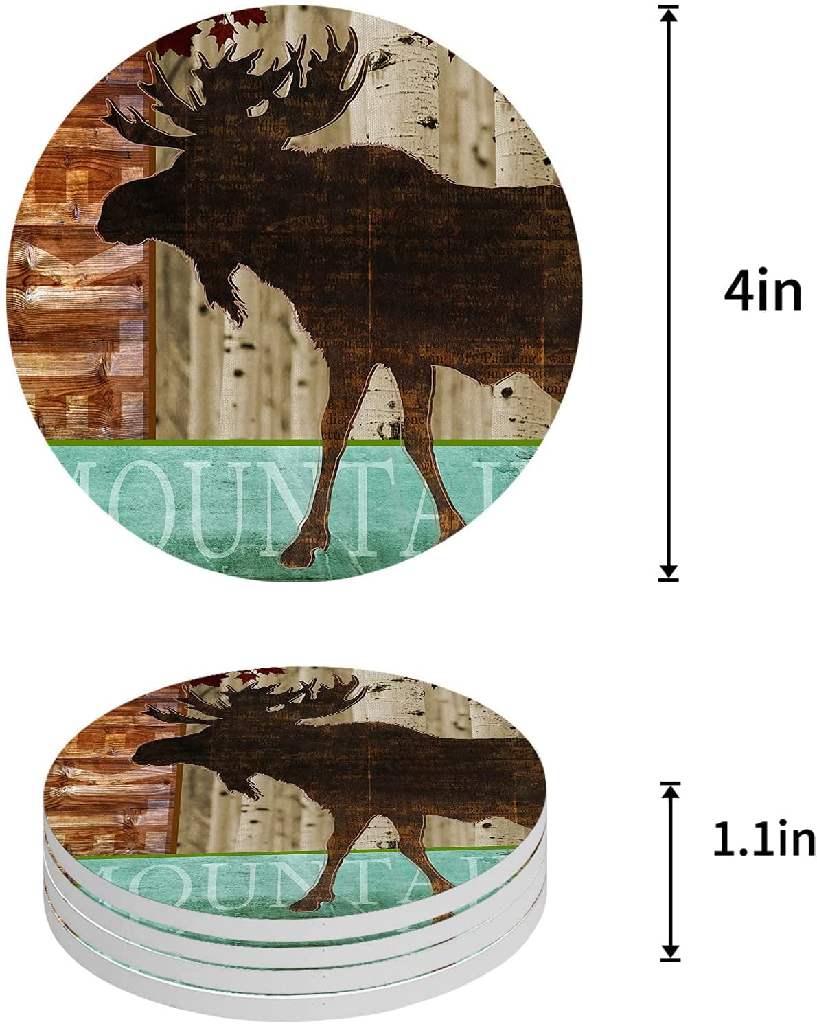 ZHANZZK Vintage Wood Grain Elk and Leaves Set of 6 Round Coaster for ...