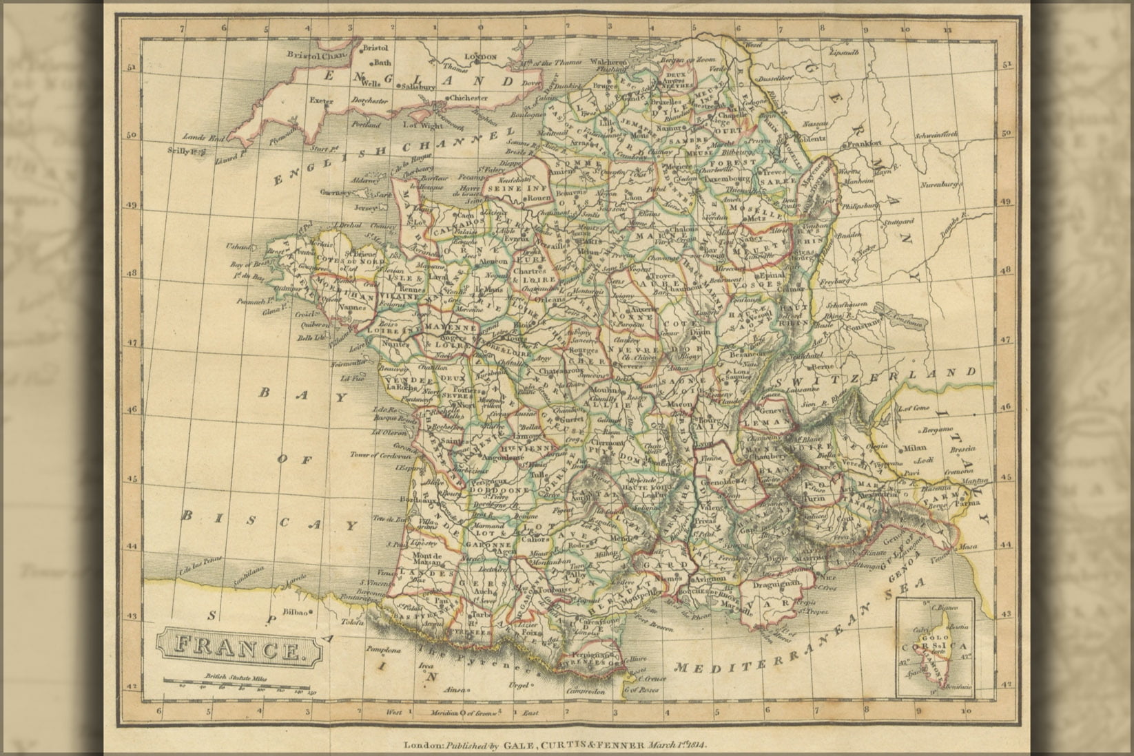 24"x36" Gallery Poster, 1814 Map of FRANCE, published by Gale, Curtin ...
