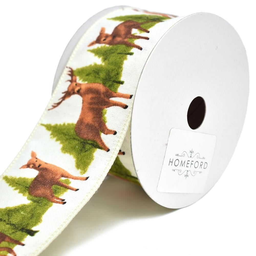 Deer and Trees Woodlands Christmas Wired Ribbon, Creme, 2-1/2-Inch, 10 ...
