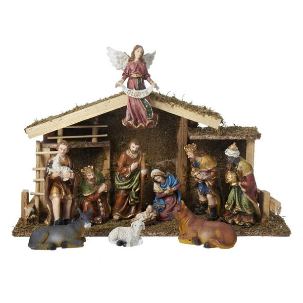 Kurt Adler 12 Piece Nativity Set with Wooden Stable - Walmart.com